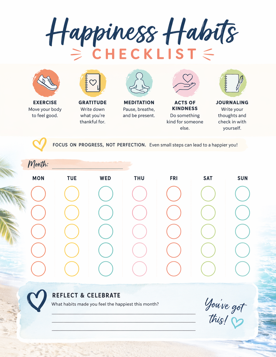 Free Happiness Habits Checklist Printable PDF | Daily SEL Tracker for ...